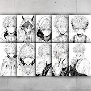 Anime Goth Boys Coloring Book 50 Page Manga Fantasy Greyscale Coloring ...