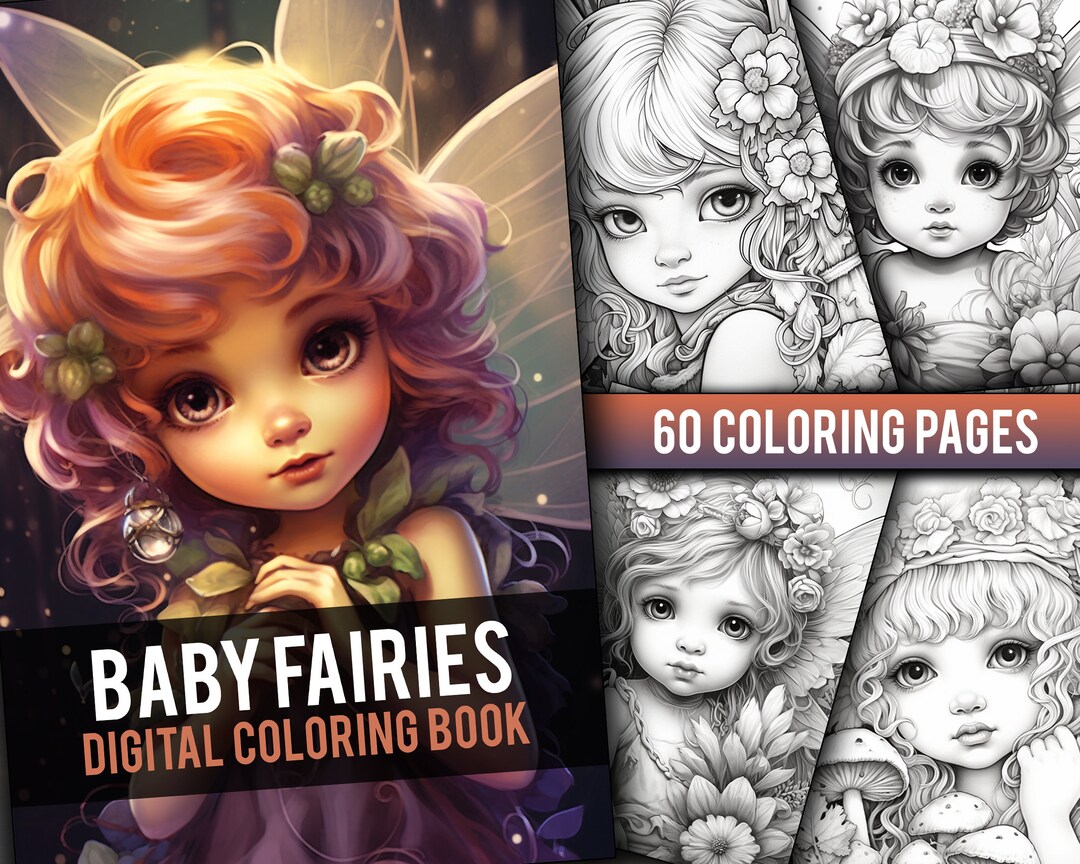 Baby Fairy Coloring Book 60 Page Cute Fantasy Greyscale Coloring Pages ...