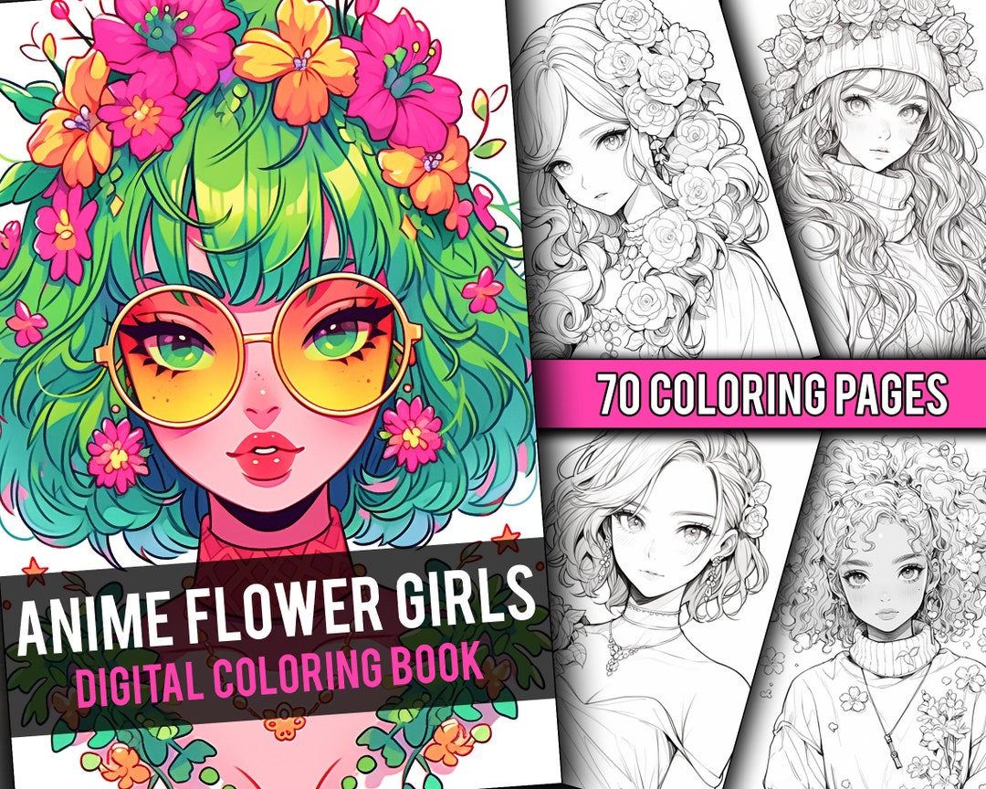 Anime Flower Girls Coloring Book 70 Page Cute Manga Fantasy Greyscale ...