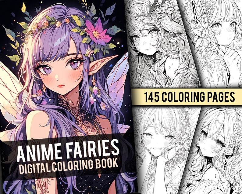Anime Fairy Coloring Book 145 Page Cute Manga Style Fantasy Greyscale ...
