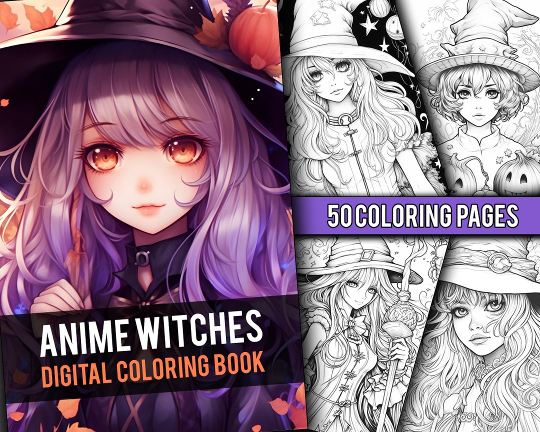 Anime Witches Coloring Book 50 Page Digital Manga Fantasy Greyscale ...