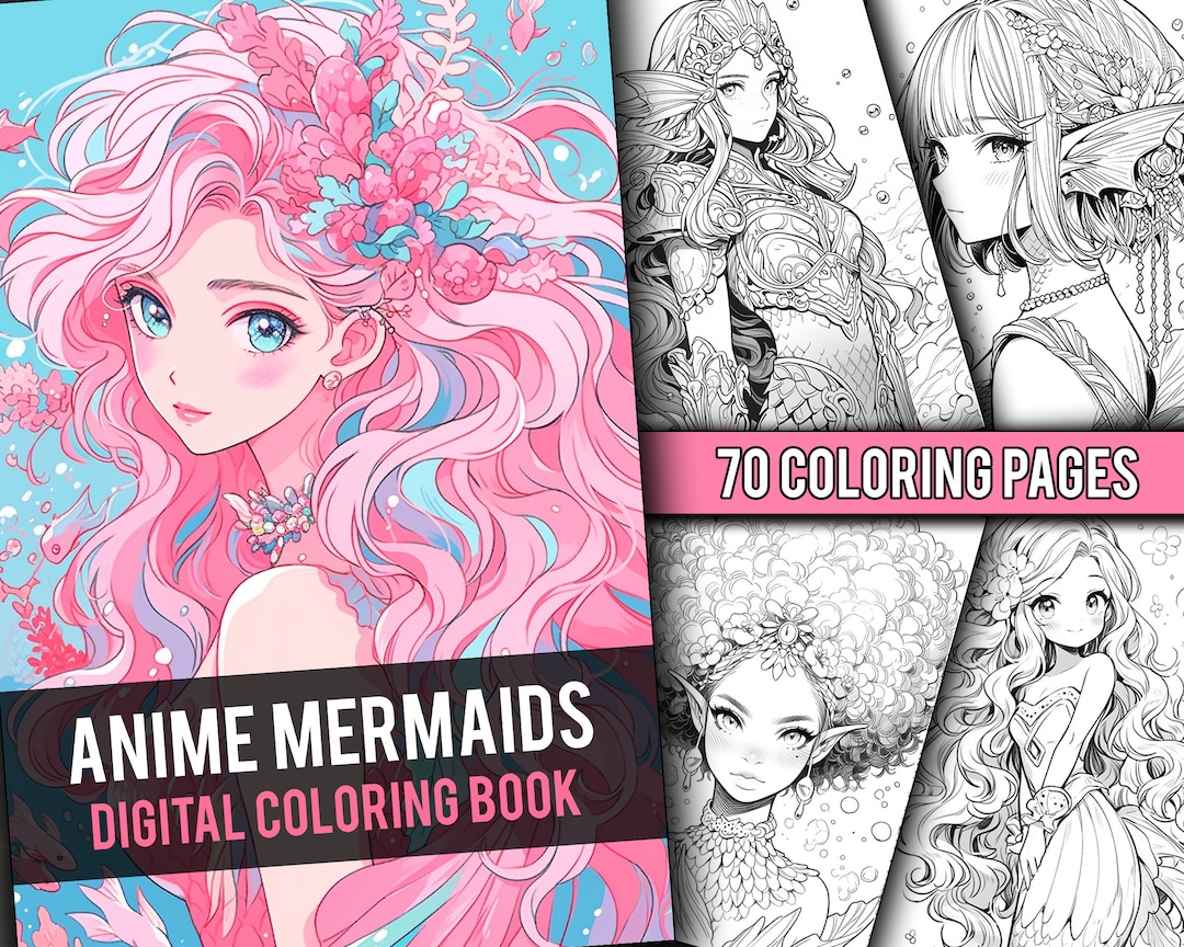 Anime Mermaids 70 Page Manga Fantasy Greyscale Coloring Book, Coloring ...