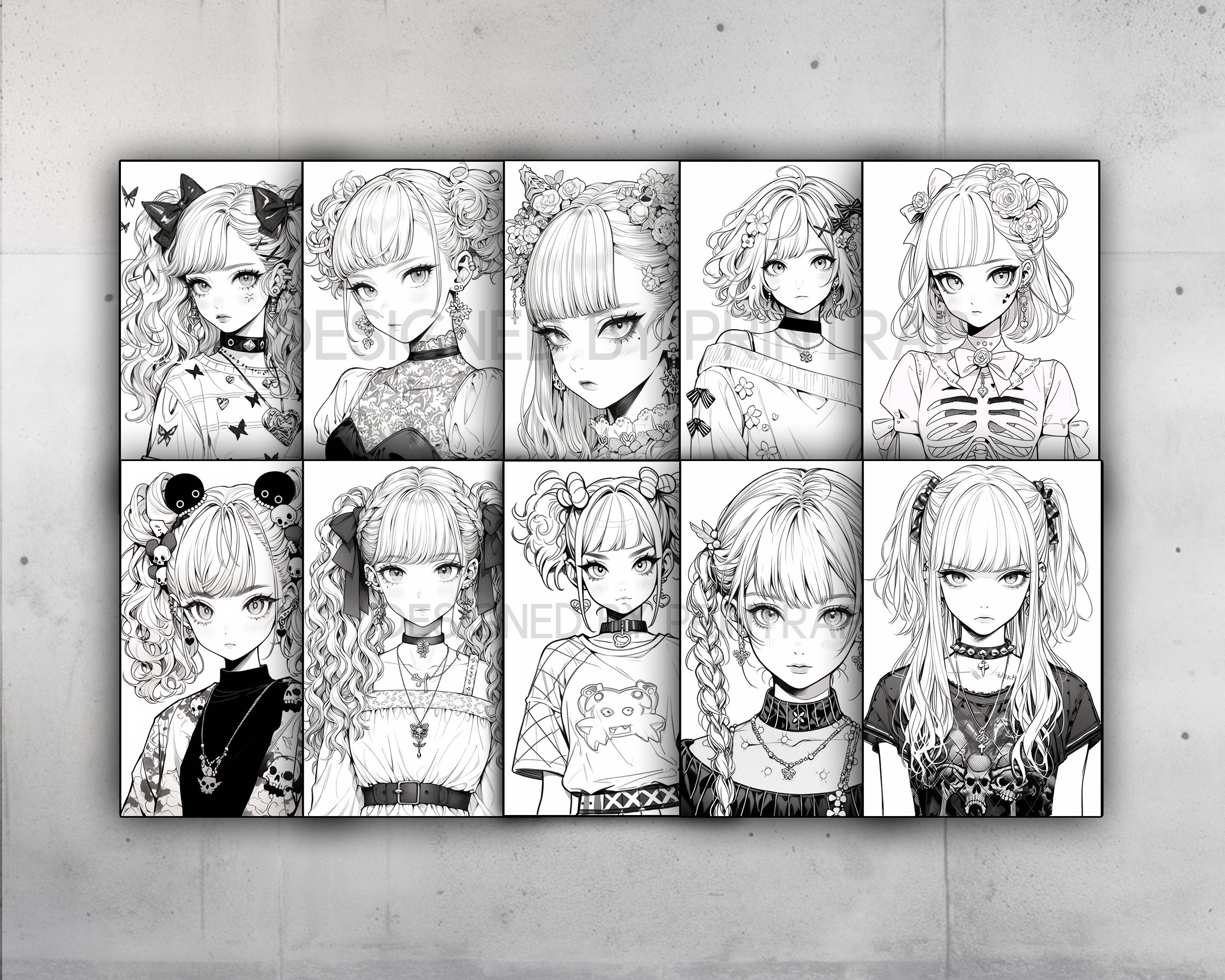 Anime Goth Girls Coloring Book 70 Page Manga Fantasy Greyscale Coloring ...