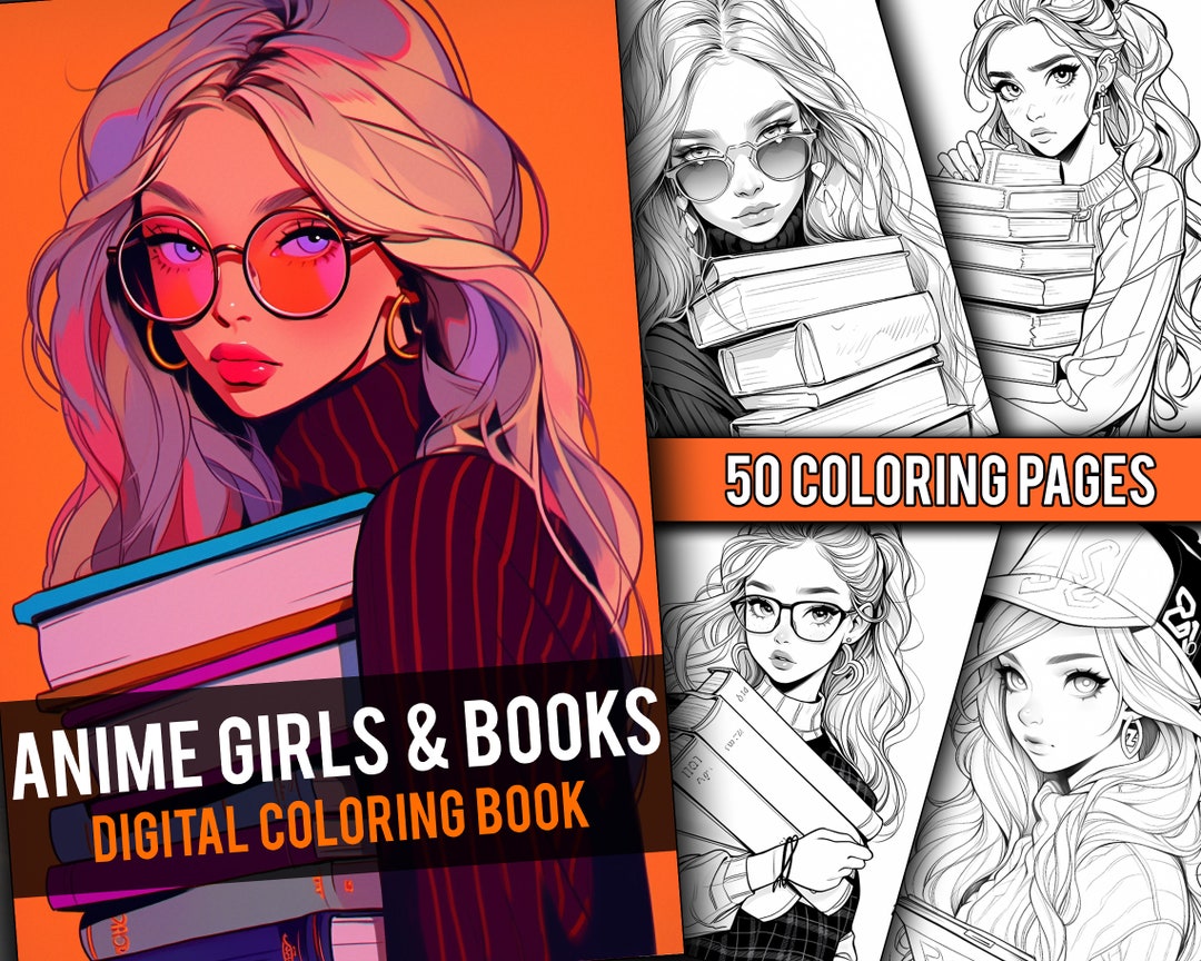 Anime Girls With Books Coloring Book 50 Page Manga Fantasy Coloring ...
