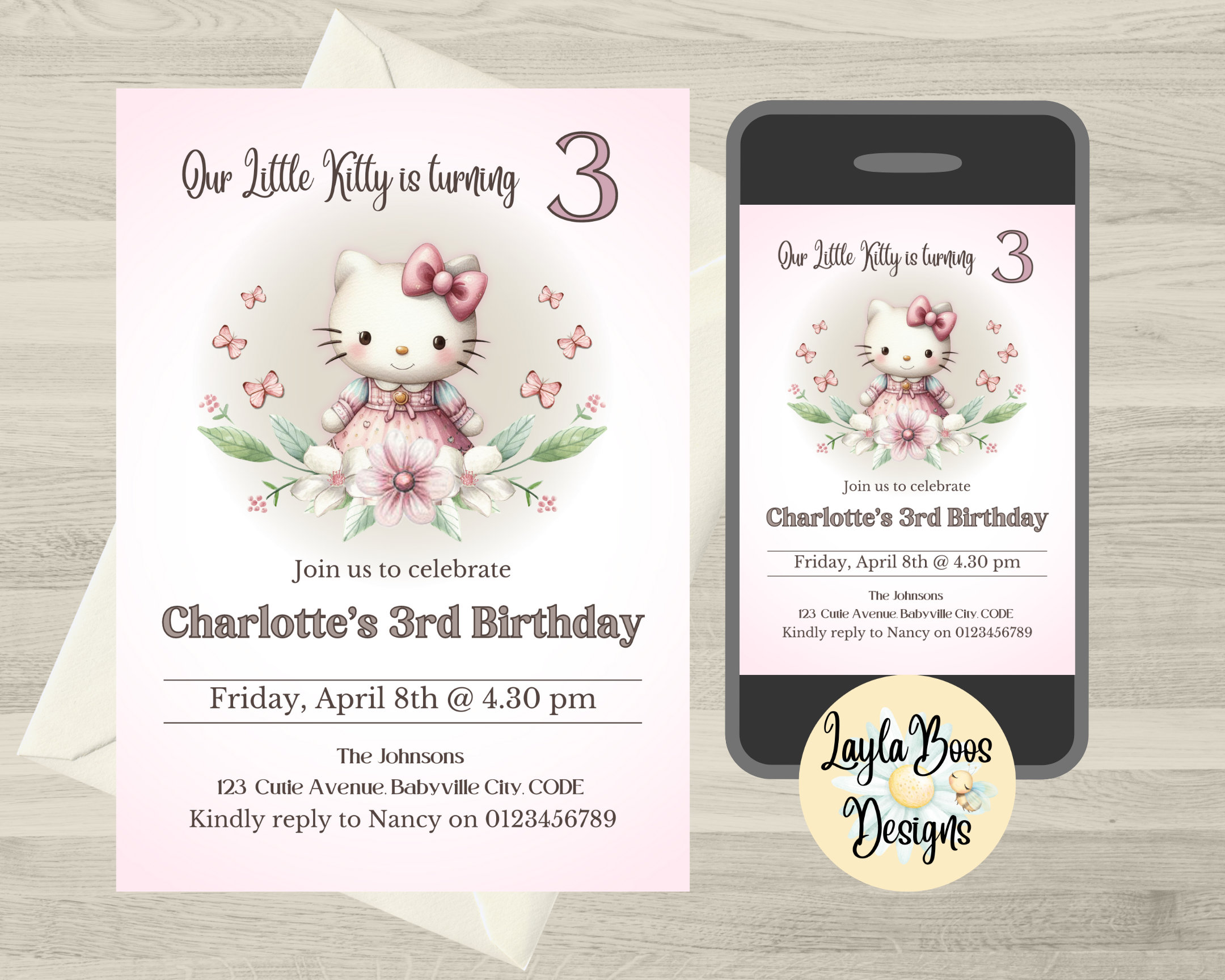 Girls Kitty Birthday Invitation, Girls Kitten Birthday Invite, Little ...