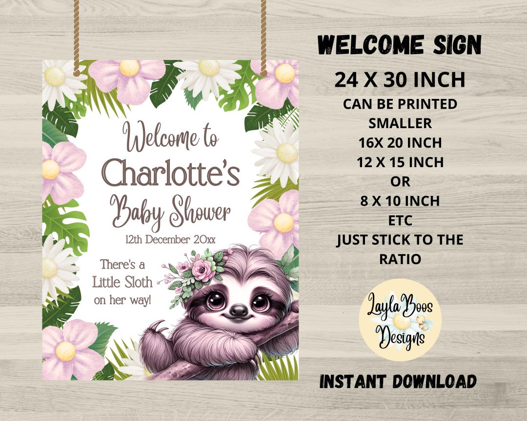 Girls Little Sloth Welcome Sign, Sloth Baby Shower Welcome Sign, Sloth ...