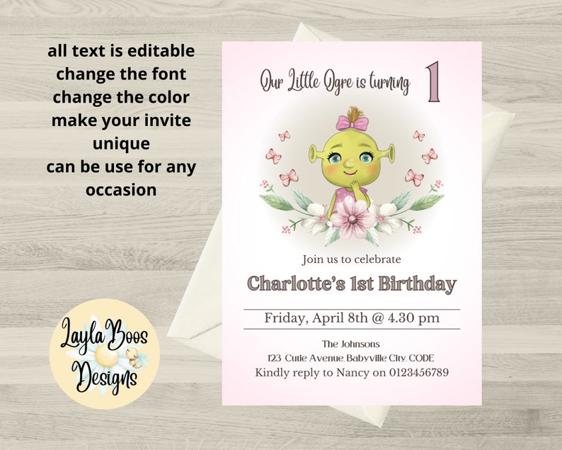 Girls Shrek 1st Birthday Invitation, Girls 1st Birthday Shrek Invite ...
