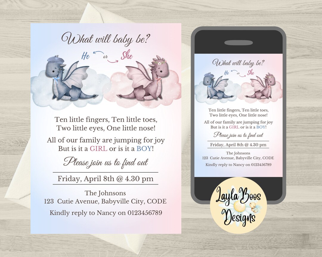 Cute Baby Dragon Gender Reveal Invitation, Dragon Gender Reveal Invite ...