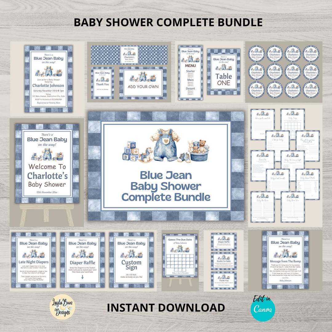 Retro Blue Jean Baby Shower Complete Bundle: Boys Denim Themed ...
