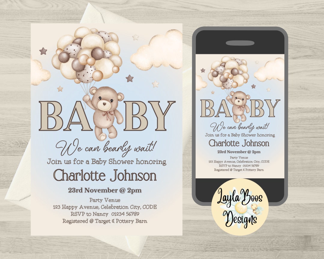 Blue Bear Baby Shower Invitation: Teddy Bear Balloons (digital Template ...