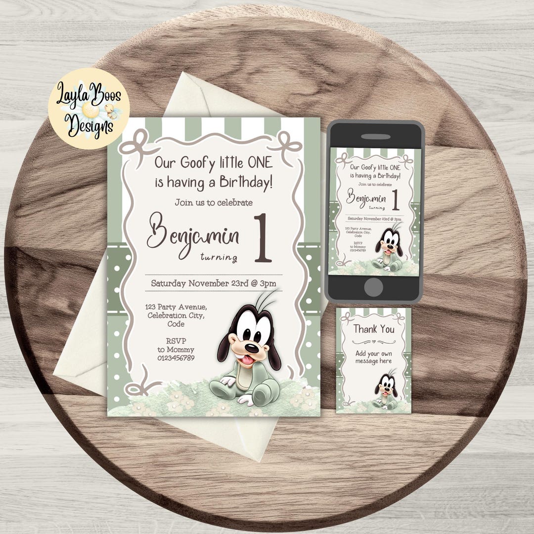 Goofy 1st Birthday Invitation: Dog, Puppy, Sage, Stripes, Boys ...