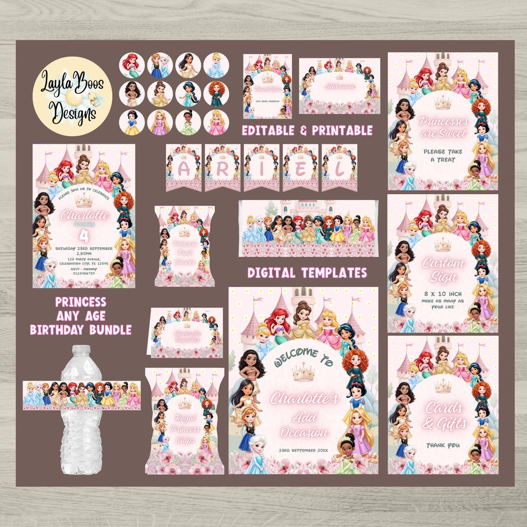Watercolor Princess Birthday Party Decorations Complete Bundle Editable ...