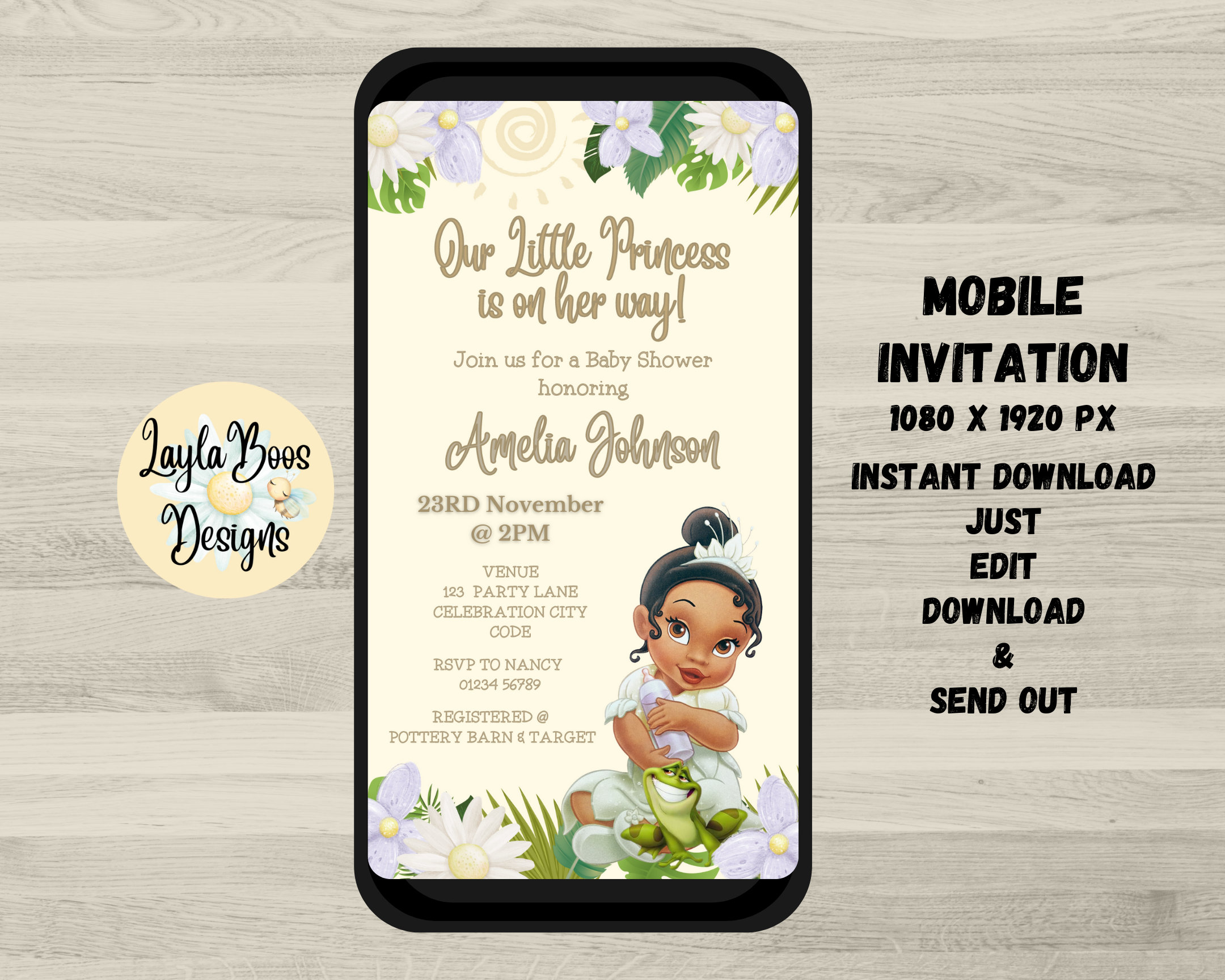 Princess Tiana Baby Shower Mobile Text Invitation Princess - Etsy