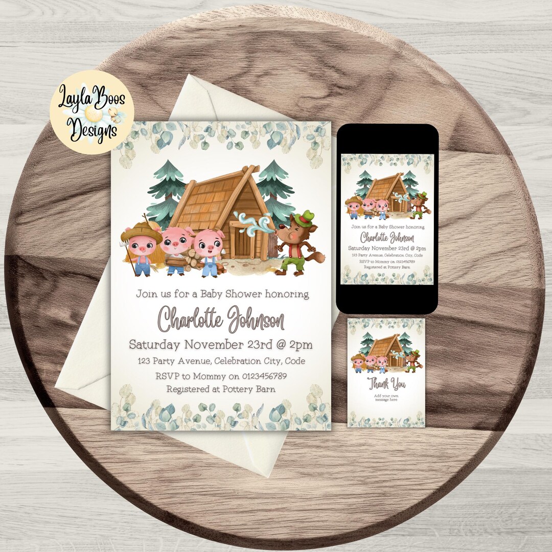 Three Little Pigs Baby Shower Invitation: Neutral, Sage, Bedtime, Story ...