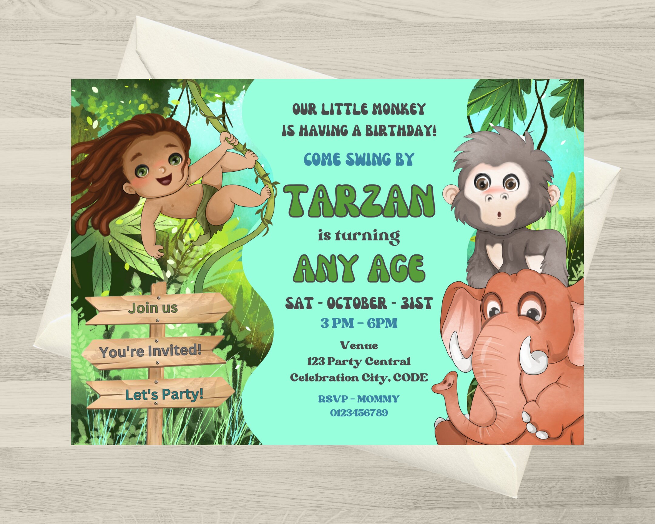 Any Age Swinging Tarzan Invitation, Tarzan Birthday Invitation, Tarzan ...
