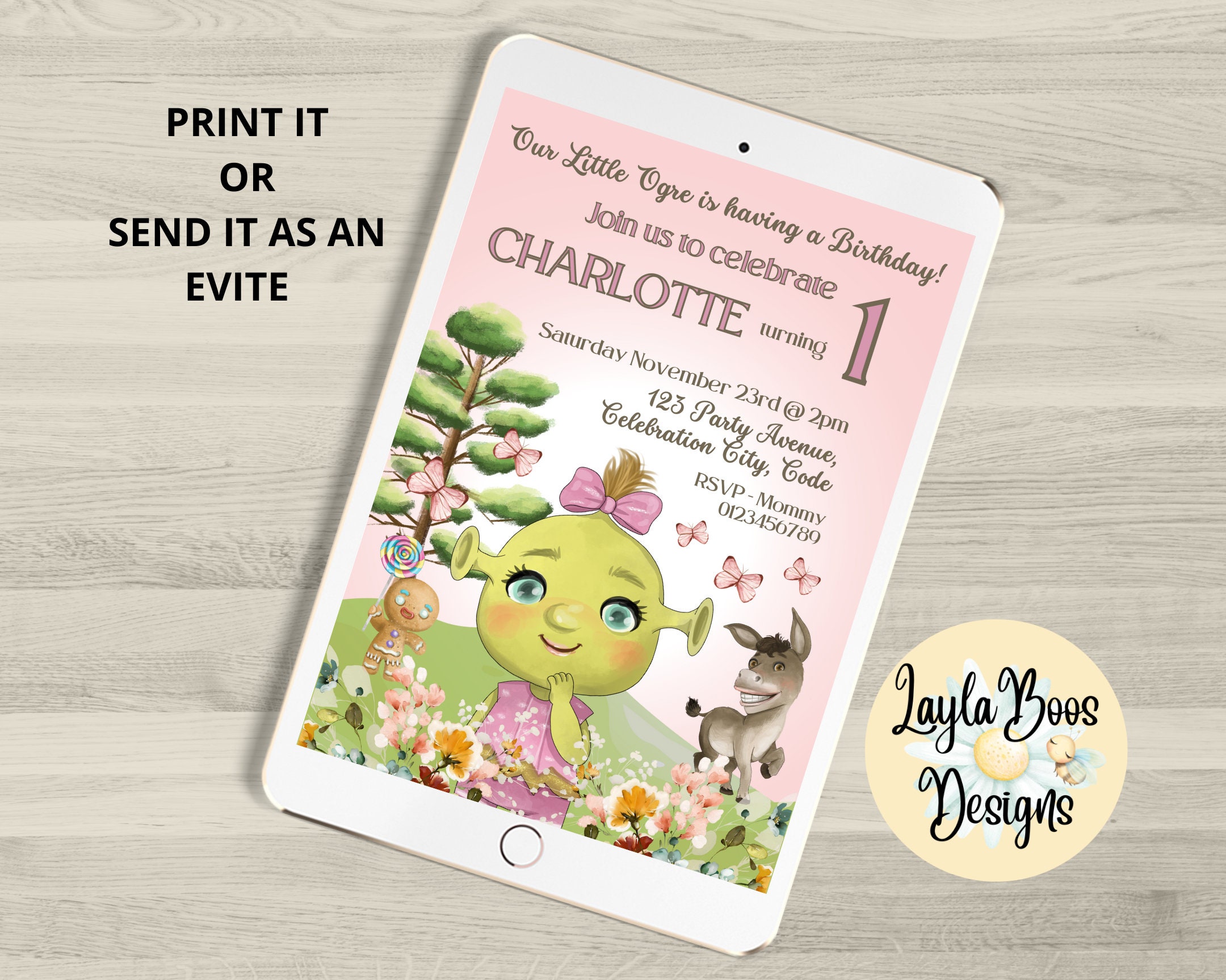 Girls Shrek 1st Birthday Invitation, Girls First Birthday, Girls Shrek ...
