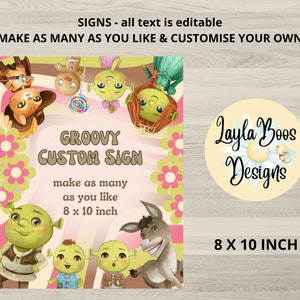 Girls Pink Groovy Shrek Custom Signs, Girls Shrek Party Signs, Shrek ...