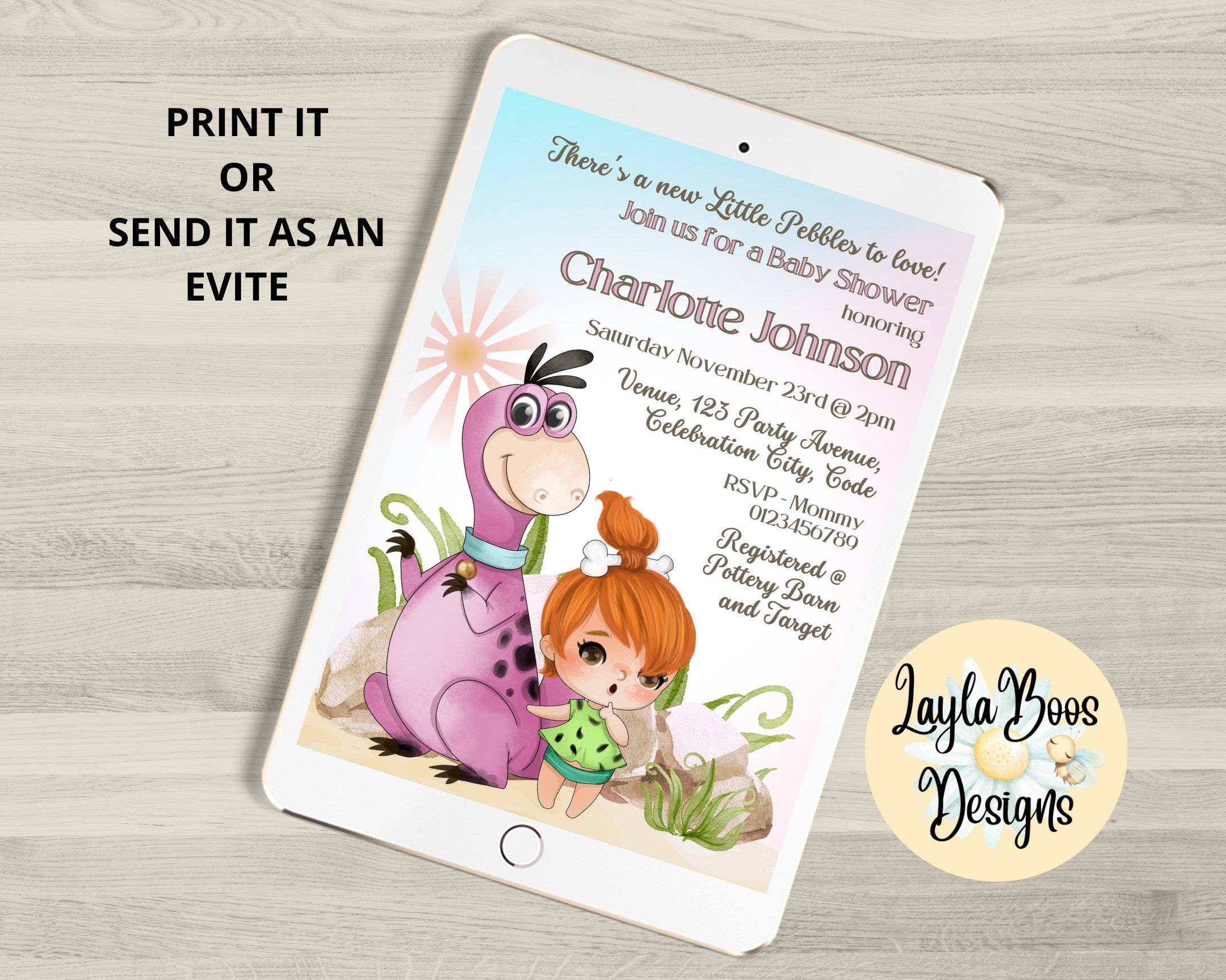 Girls Flintstones Baby Shower Invitation Dino and Pebbles - Etsy