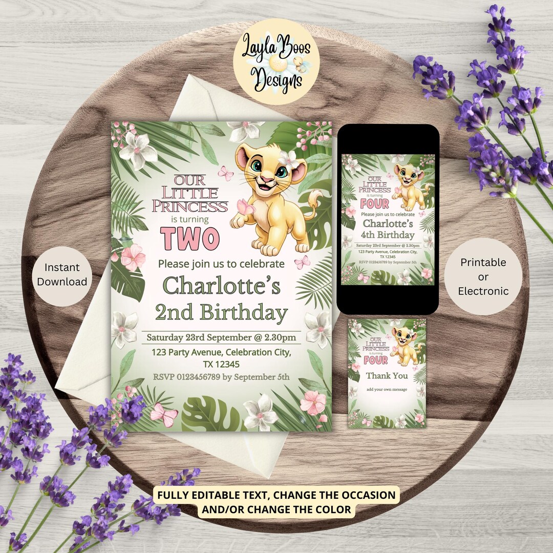 Nala Birthday Invitation, Girls Jungle Themed Invite Template, Digital ...