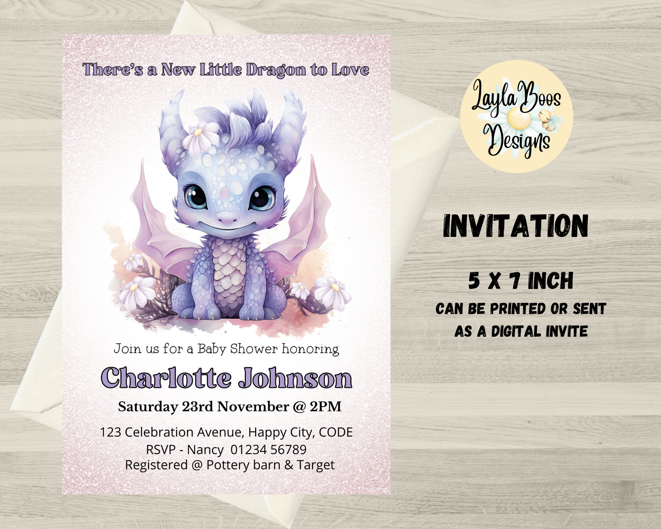 Girls Dragon Baby Shower Invitation Bundle, Girls Baby Dragon Shower ...