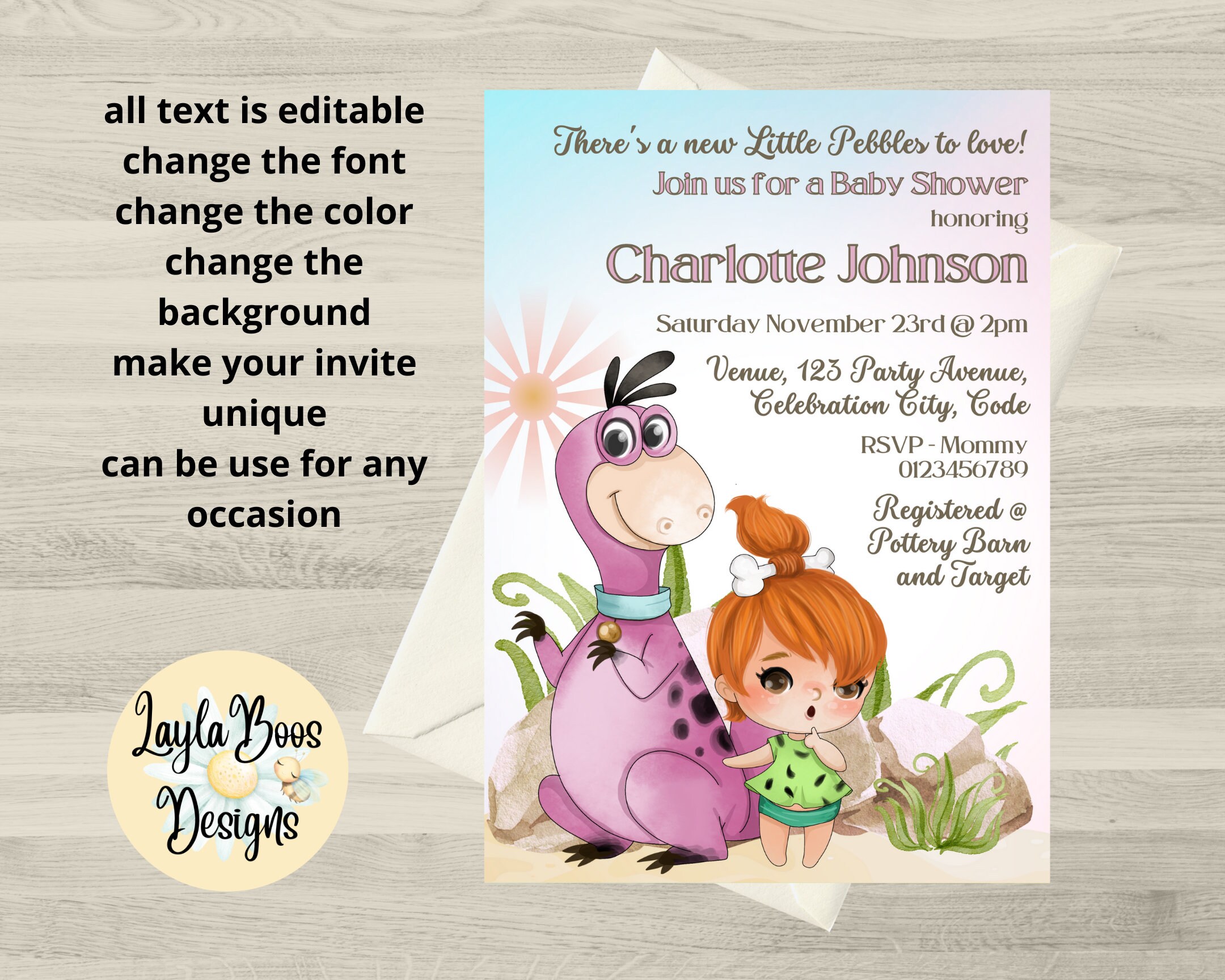 Girls Flintstones Baby Shower Invitation Dino and Pebbles - Etsy