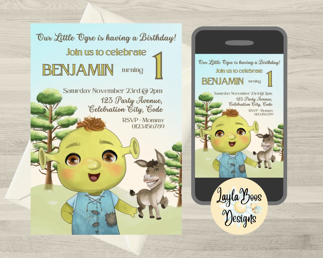 Boys Shrek 1st Birthday Invitation, Boys 1st Birthday, Shrek Invitation ...