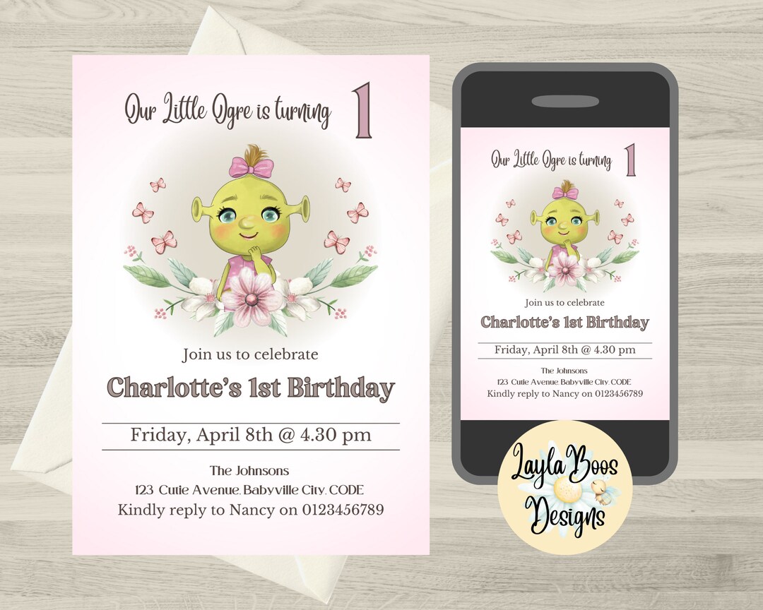 Girls Shrek 1st Birthday Invitation (digital Template) - Etsy