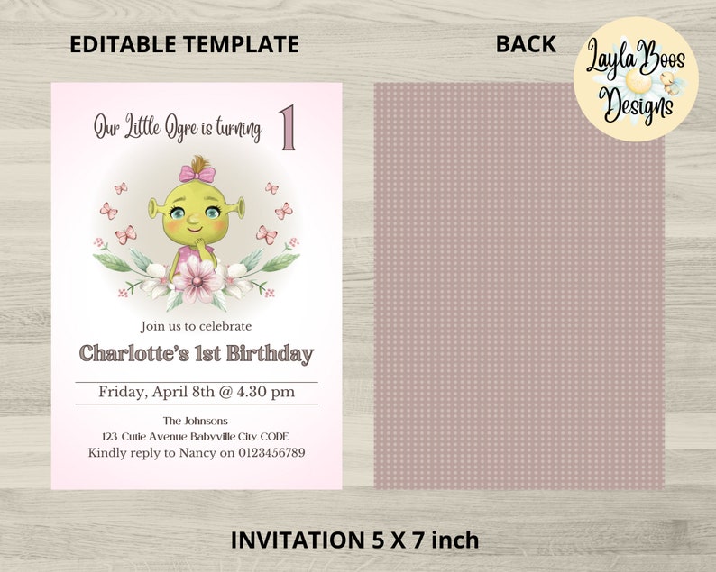 Girls Shrek 1st Birthday Invitation, Girls 1st Birthday Shrek Invite ...