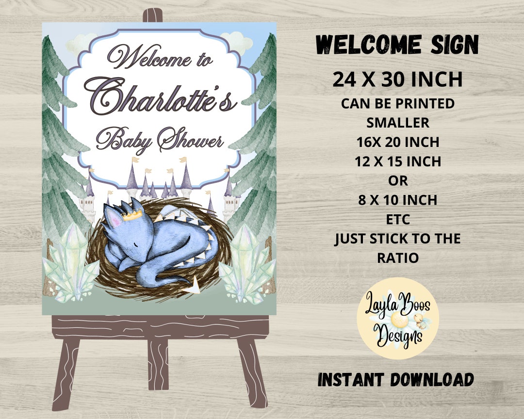 Boys Blue Dragon Baby Shower Welcome Sign, Dragon Welcome Sign, Baby ...