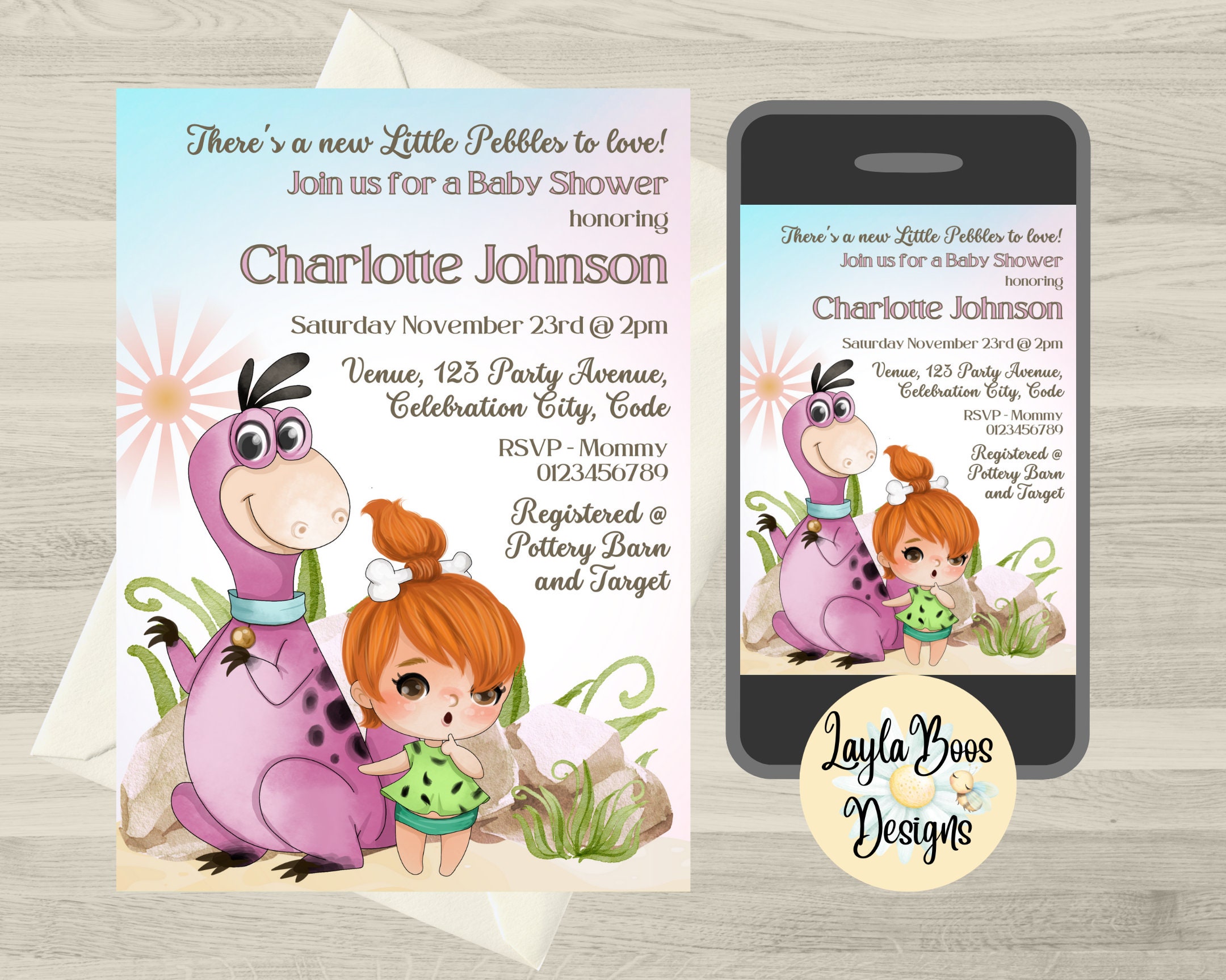 Girls Flintstones Baby Shower Invitation Dino and Pebbles - Etsy