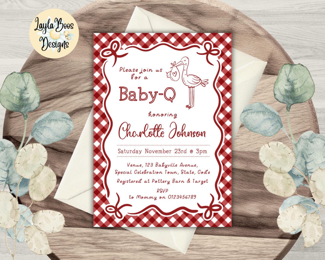 Barbecue Baby Shower Invitation: Red, Line Art, Stork, BBQ, Baby Q ...