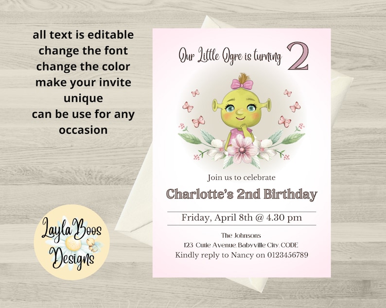 Girls Shrek Birthday Invitation, Butterfly Birthday Invitation, Ogre ...