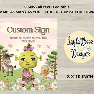 Shrek Custom Signs, Girls Shrek Party Signs, Shrek Baby Shower Signs ...