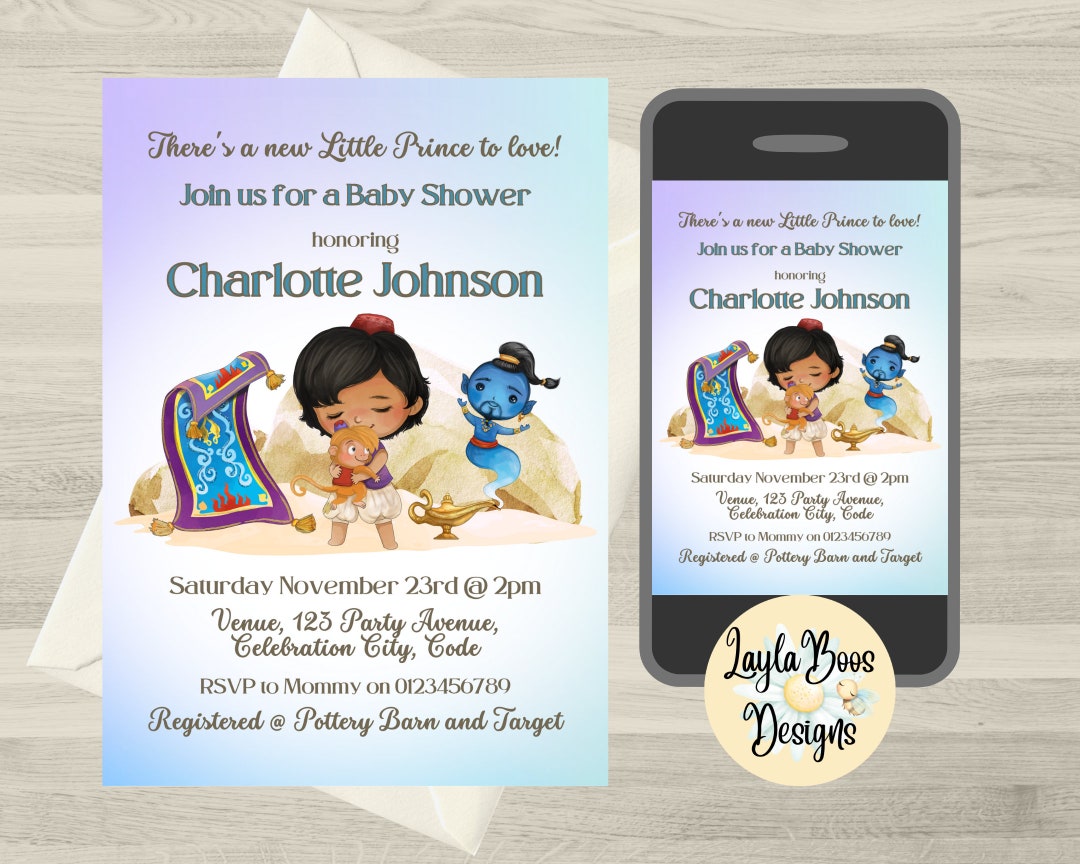 Aladdin Baby Shower Invitation, Baby Prince Aladdin Shower Invite ...