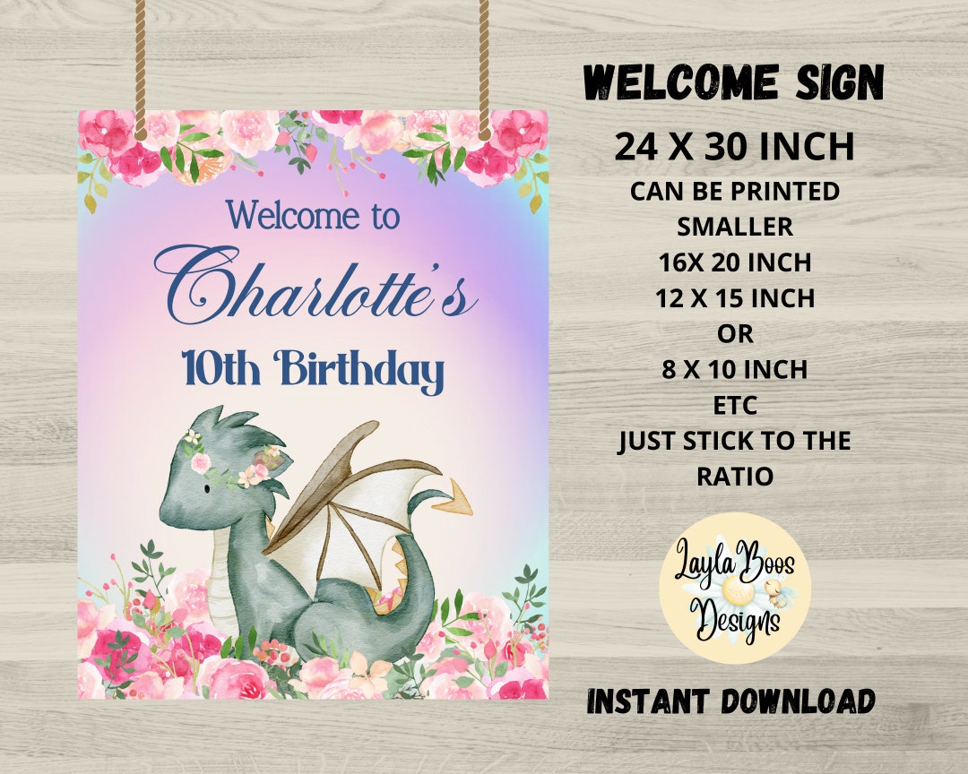Girls Dragon Birthday Welcome Sign, Girls Dragon Welcome Sign, Girls ...
