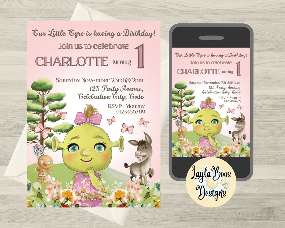 Girls Shrek 1st Birthday Invitation: Fairytale Invite (digital Template ...