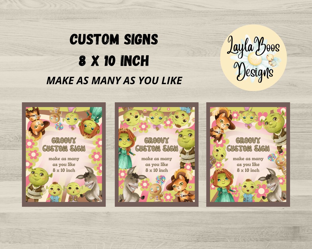 Girls Pink Groovy Shrek Custom Signs, Girls Shrek Party Signs, Shrek ...