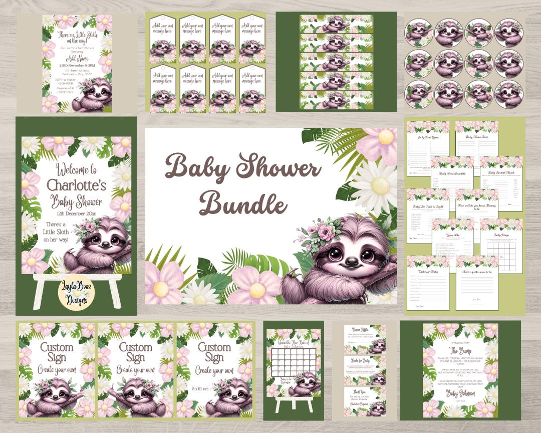 Girls Sloth Baby Shower Bundle, Sloth Baby Shower Invitation Bundle ...