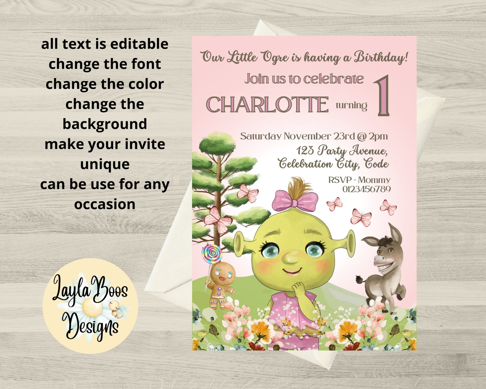 Girls Shrek 1st Birthday Invitation: Fairytale Invite (digital Template ...