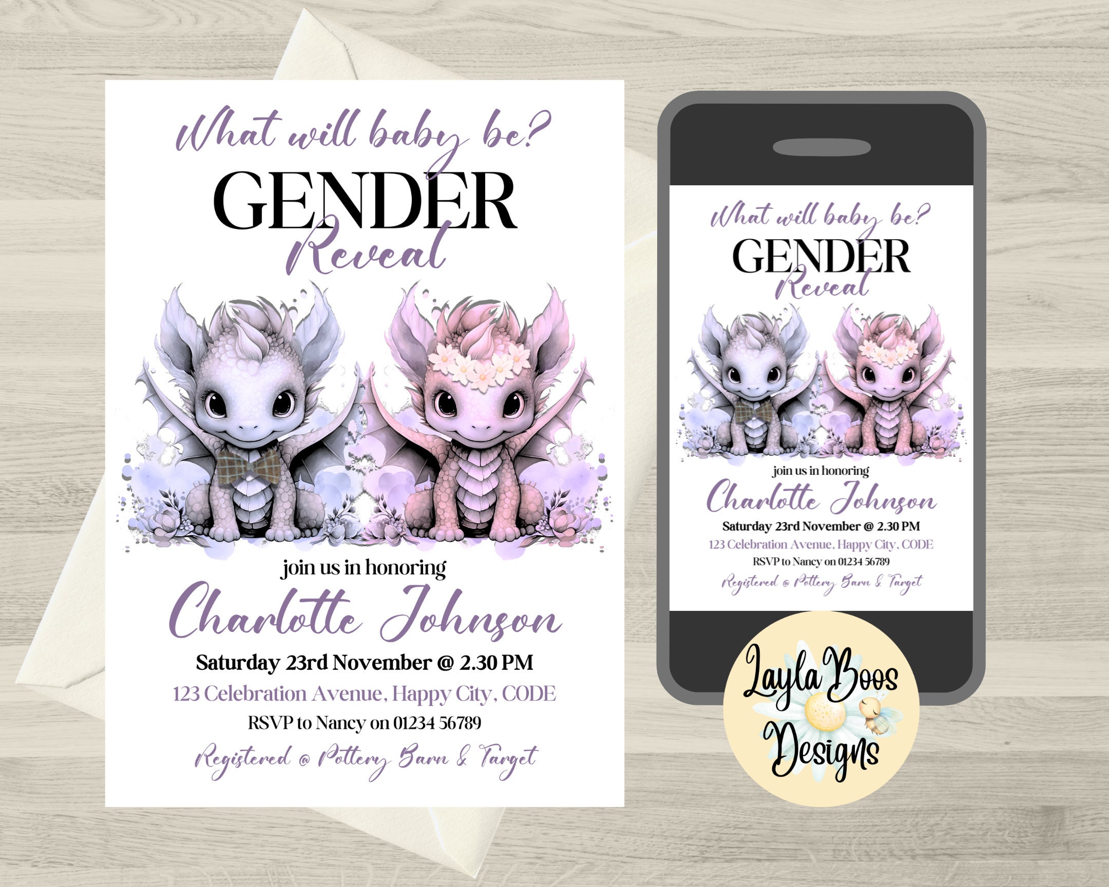 Dragon Gender Reveal Invitation, Blue and Pink Gender Reveal Invite ...