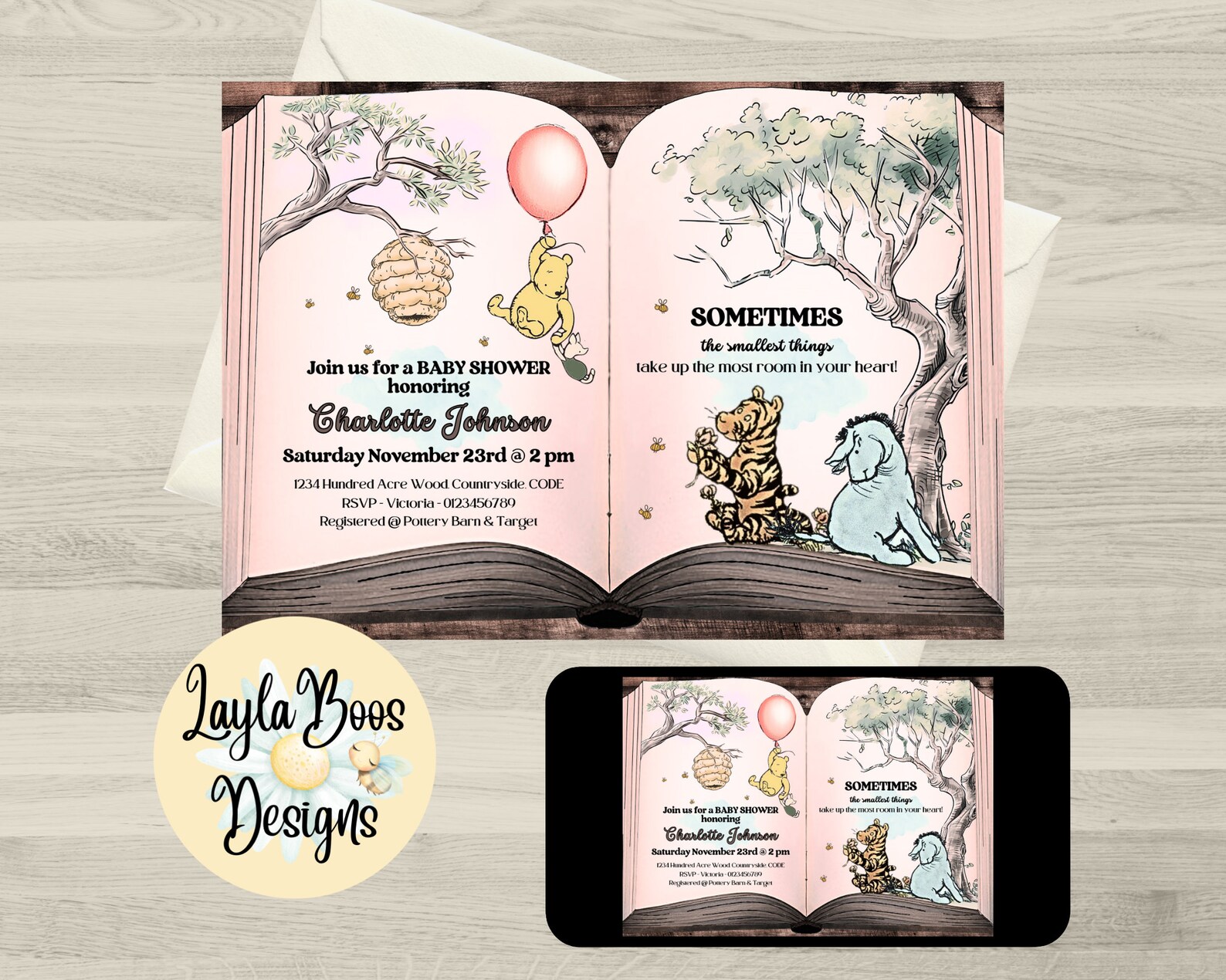 Editable Girls Classic Winnie Storybook Invitation, Storybook Winnie ...