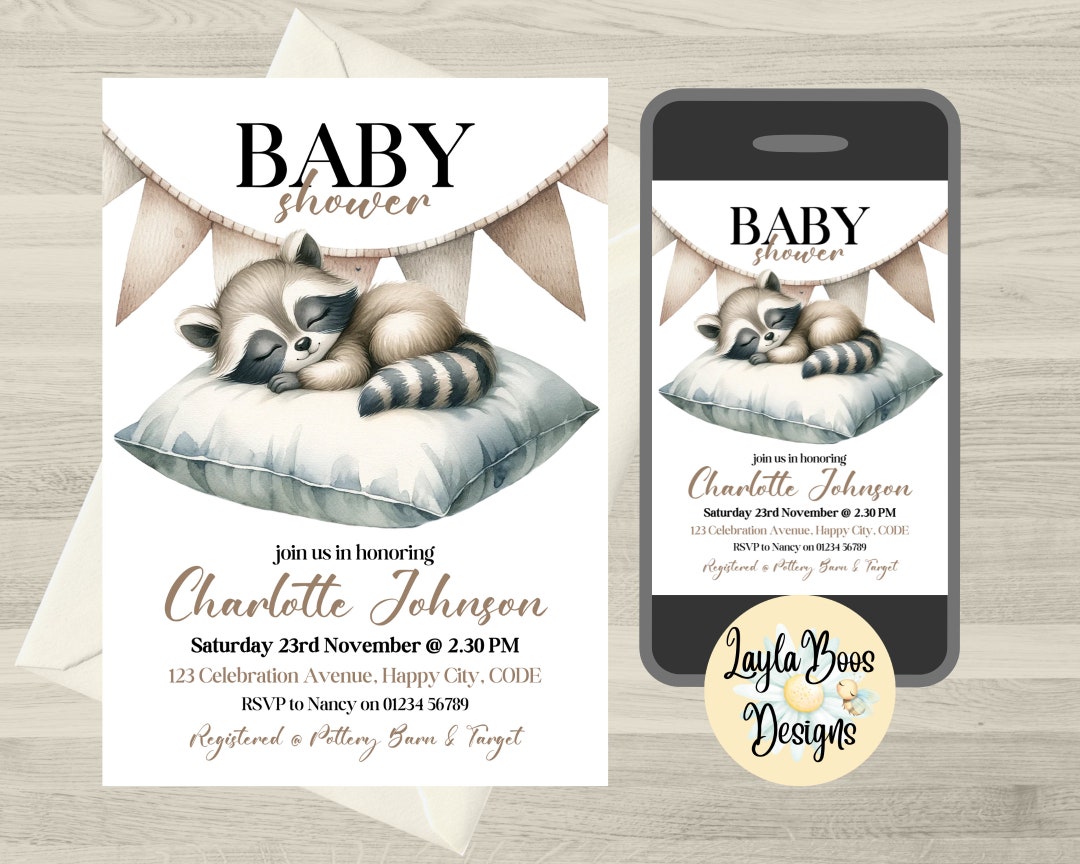 Raccoon Baby Shower Invitation: Little Rascal Invite (digital Template ...