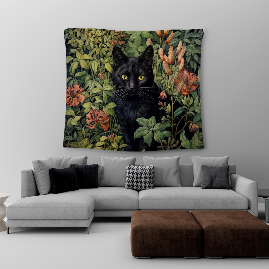 Black Cat Wall Tapestry, William Morris Inspired Feline, Bohemian ...