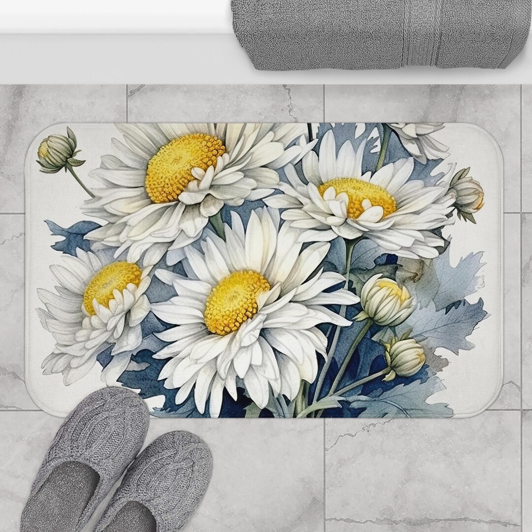 Daisy Bath Rug - Lawn Daisy Watercolor Floral Design. Bloomcore Rustic ...