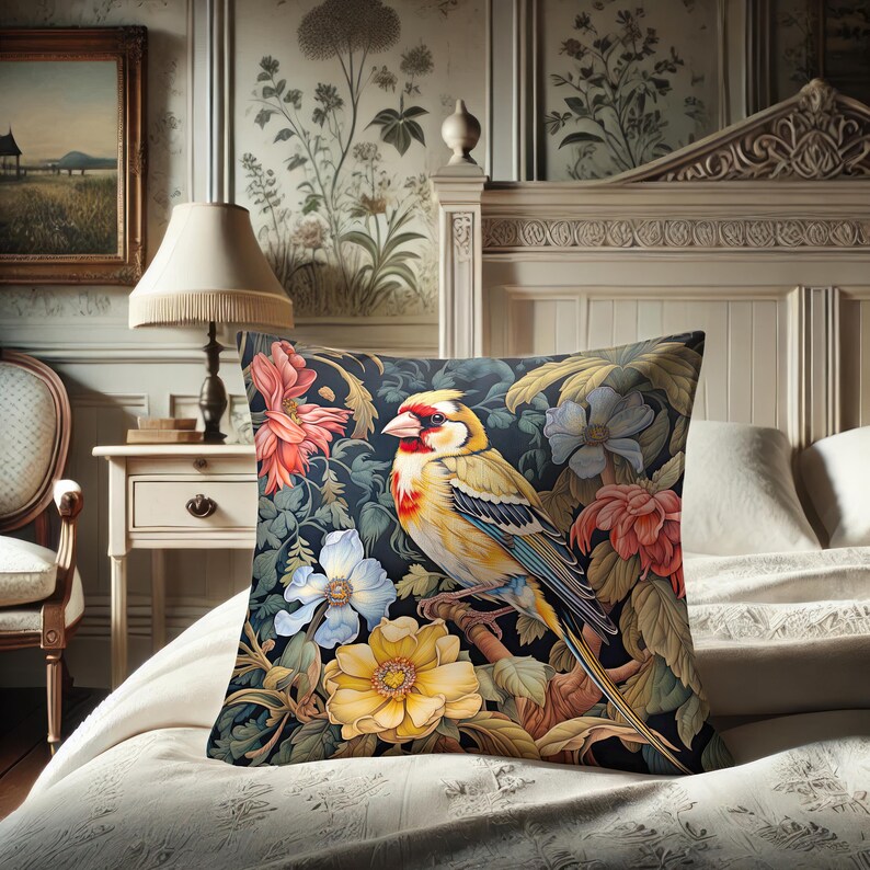 Goldfinch Pillow, William Morris Inspired Bird, Bloomcore Cushion ...
