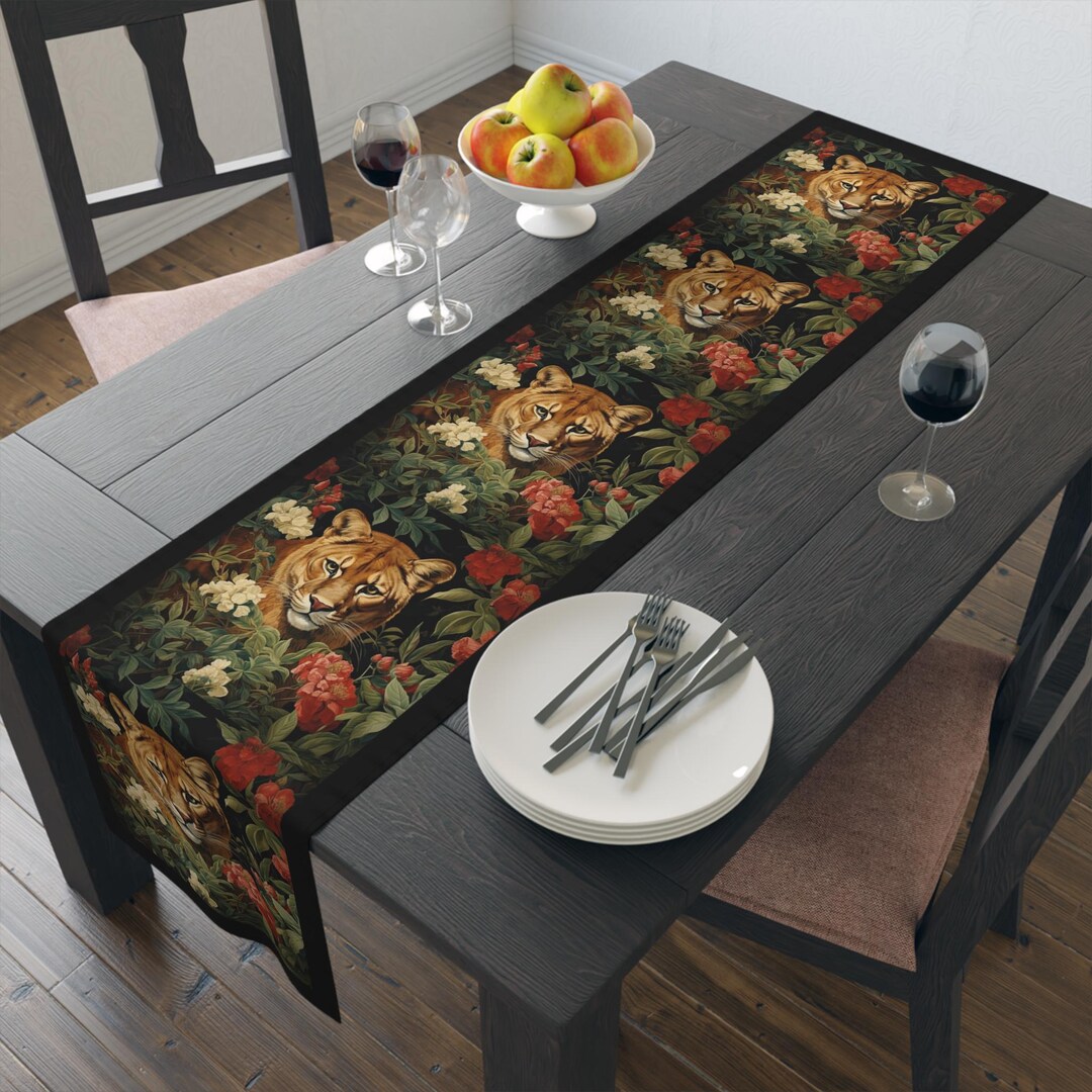 Puma Table Runner, William Morris Inspired Cougar, Feline Flowercore ...