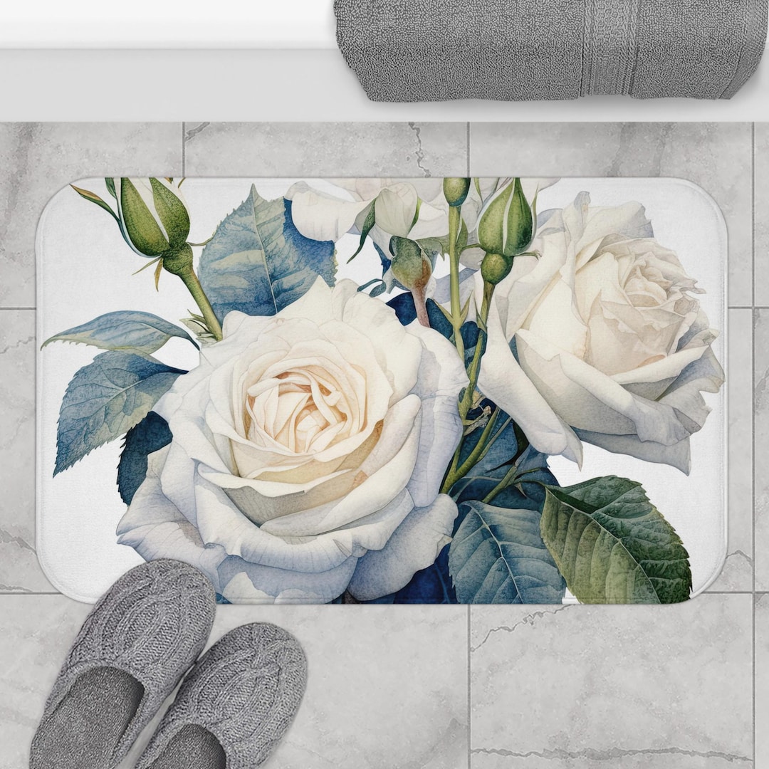 White Rose Bath Rug Polar Star Rose Watercolor Blooms. Rustic Floral ...