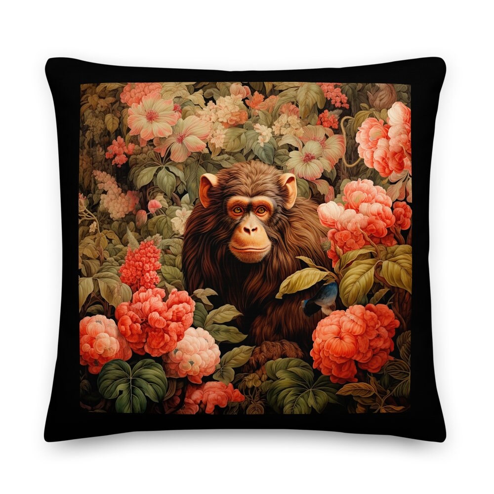Monkey Pillow Playfulness & Intelligence, William Morris, Chimpanzee Square Cushion, Jungle ...