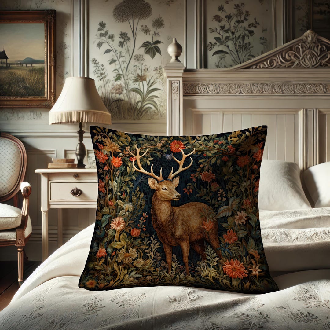 Deer Pillow, William Morris Inspired Buck, Wildf Cushion, Dreamlike ...
