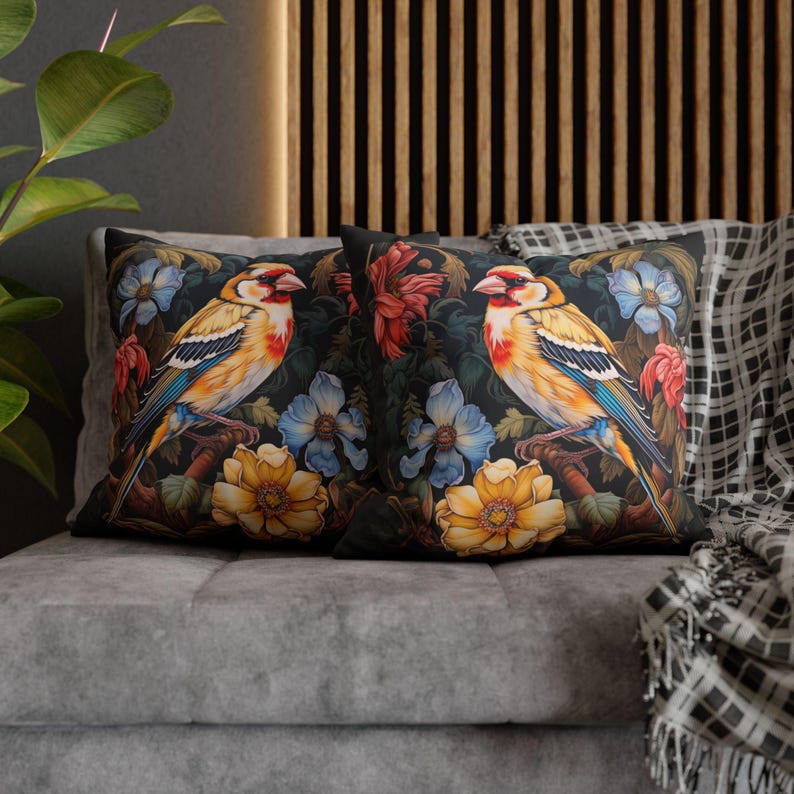 Goldfinch Pillow, William Morris Inspired Bird, Bloomcore Cushion ...